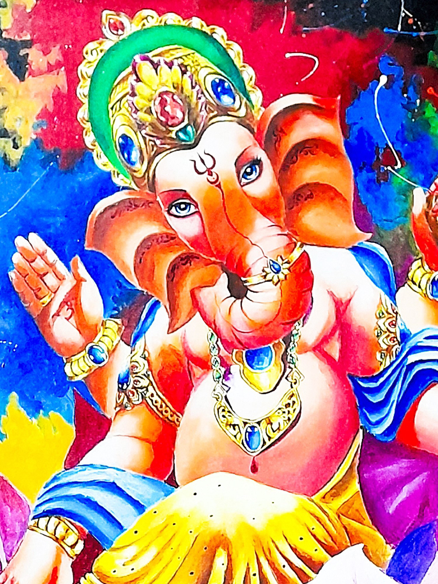 Exotic India Ganapati coloré se tenant assis sur un lotus | Peinture de Pragga Majumder ...